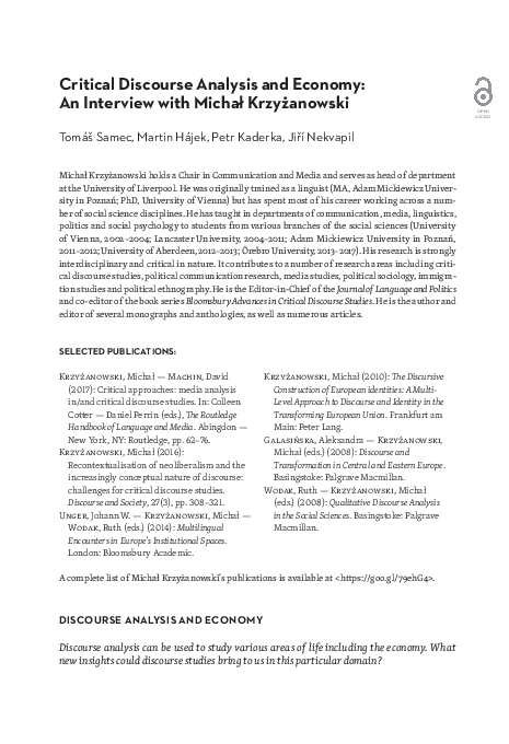 (PDF) Critical Discourse Analysis and Economy: An Interview with Michał Krzyżanowski