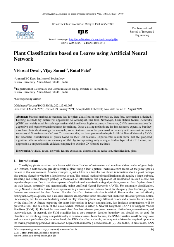 Pdf Plant Classification Based On Leaves Using Artificial Neural