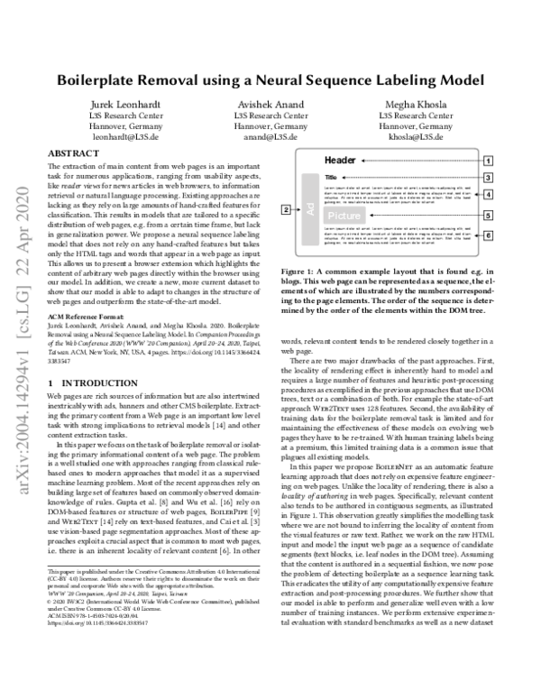 (PDF) Boilerplate Removal using a Neural Sequence Labeling Model (PDF) Boilerplate Removal using a Neural Sequence Labeling Model