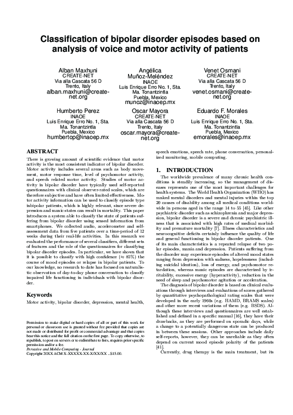 (PDF) Classification of bipolar disorder episodes based on analysis of voice and motor activity ...