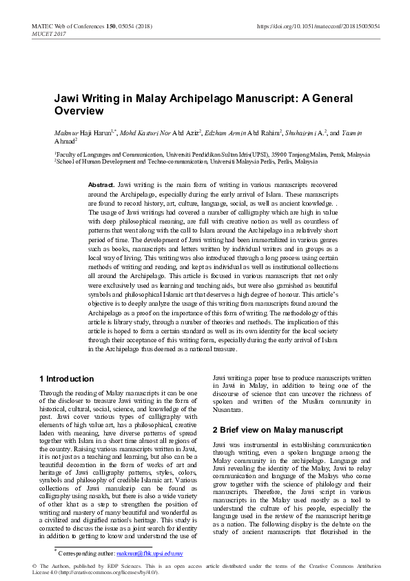 (PDF) Jawi Writing in Malay Archipelago Manuscript: A General Overview