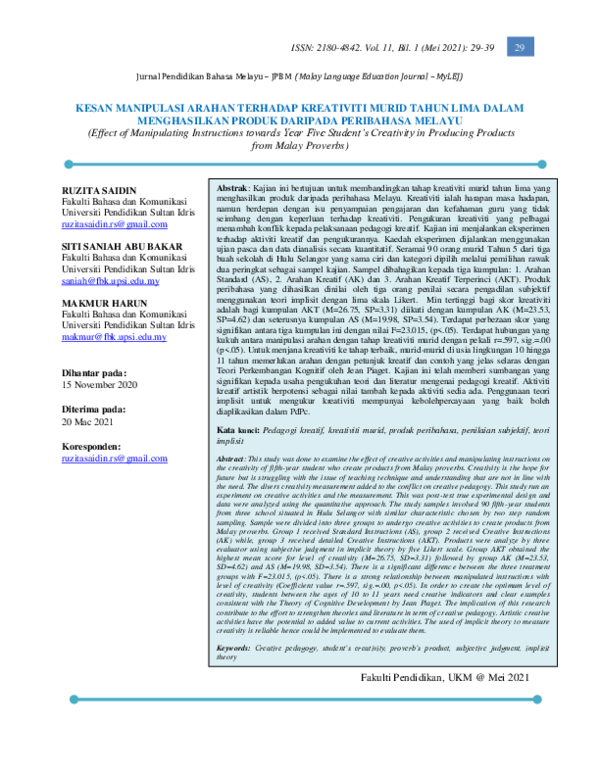 (PDF) Kesan manipulasi arahan terhadap kreativiti murid tahun lima dalam menghasilkan produk ...