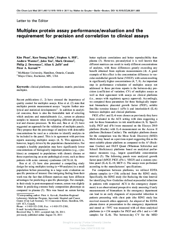 (PDF) Multiplex protein assay performance/evaluation and the requirement for precision and ...