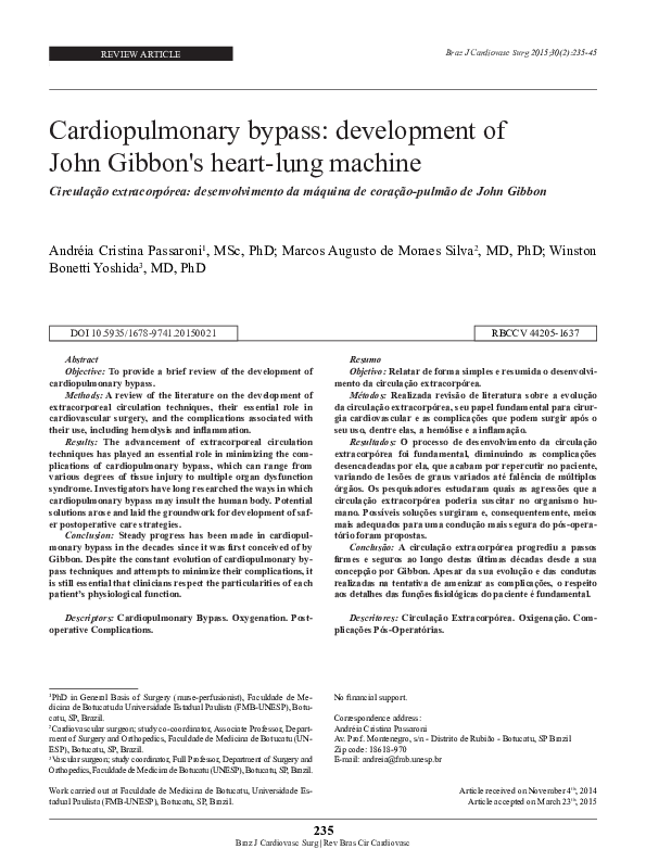 (PDF) Cardiopulmonary bypass: development of John Gibbon's heart-lung ...