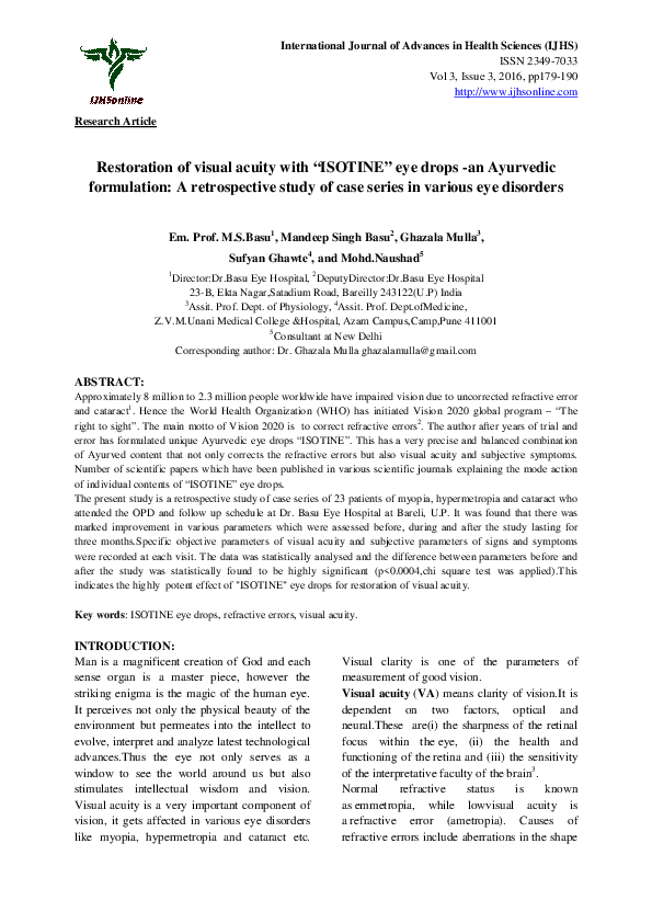 (PDF) Restoration of visual acuity with "ISOTINE" eye drops-an Ayurvedic formulation: A ...