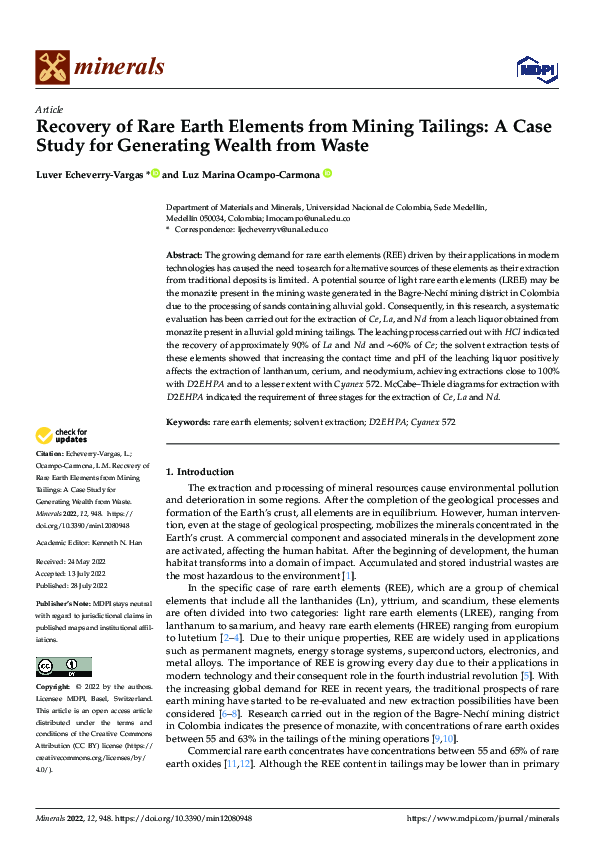 (PDF) Recovery of Rare Earth Elements from Mining Tailings: A Case Study for Generating Wealth ...