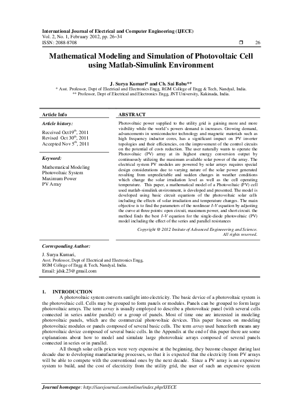 (PDF) Mathematical Modeling and Simulation of Photovoltaic Cell using Matlab-Simulink Environment