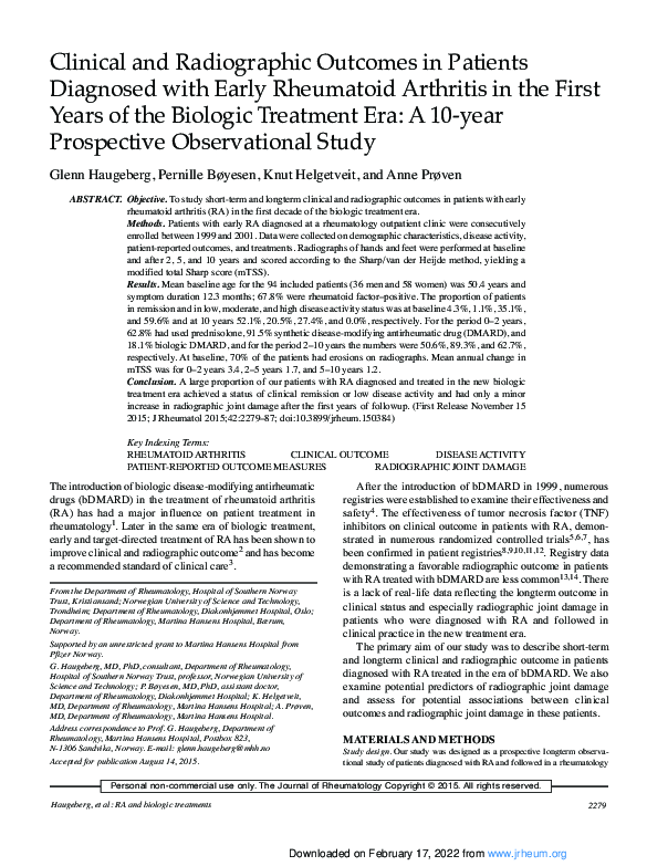 (PDF) Clinical and Radiographic Outcomes in Patients Diagnosed with Early Rheumatoid Arthritis ...