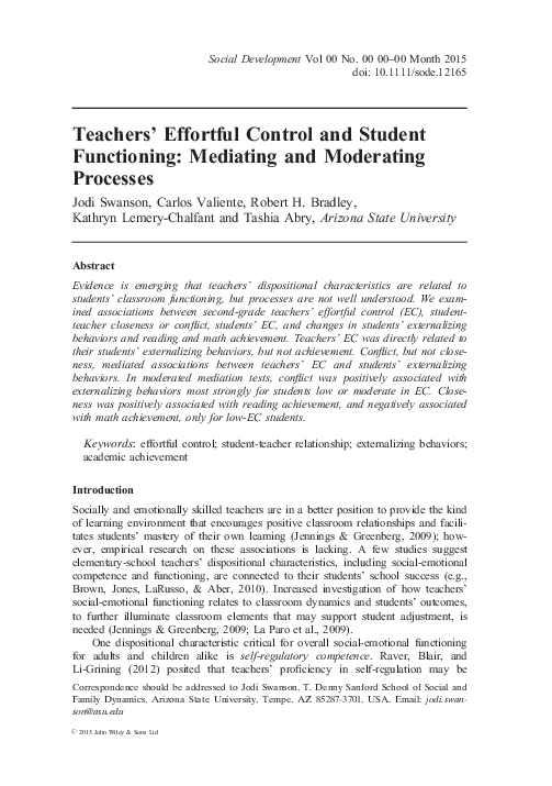 (PDF) Teachers’ Effortful Control and Student Functioning: Mediating ...