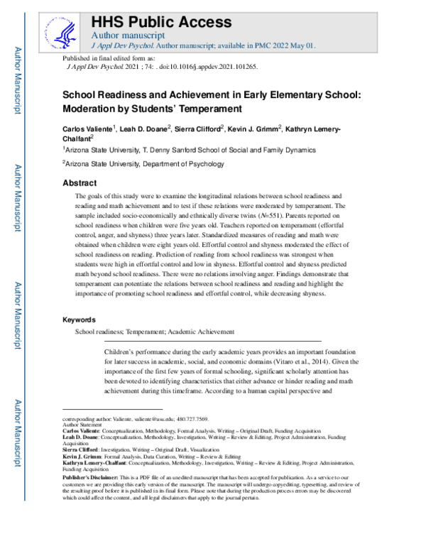 (PDF) School readiness and achievement in early elementary school ...