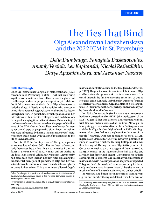 (PDF) The Ties That Bind: Olga Alexandrovna Ladyzhenskaya and the 2022 ICM in St. Petersburg