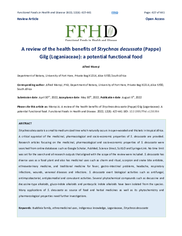 (PDF) A review of the health benefits of Strychnos decussata (Pappe ...
