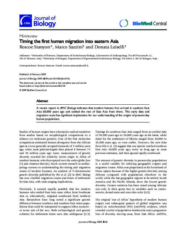 (PDF) Timing the first human migration into eastern Asia