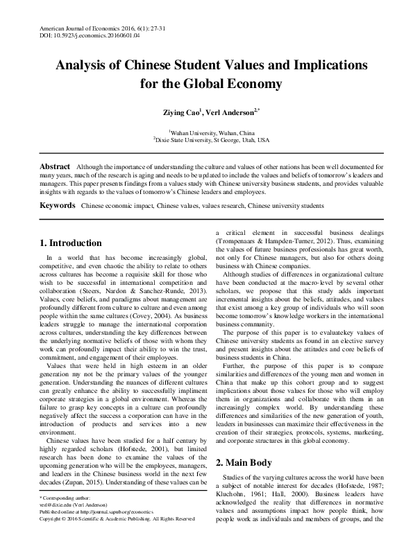 (PDF) Analysis of Chinese Student Values and Implications for the ...