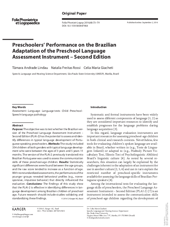 (PDF) Preschoolers' Performance on the Brazilian Adaptation of the ...