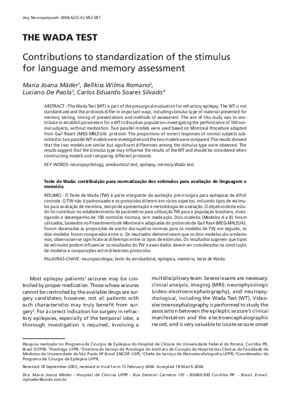 (PDF) The Wada Test: contributions to standardization of the stimulus ...