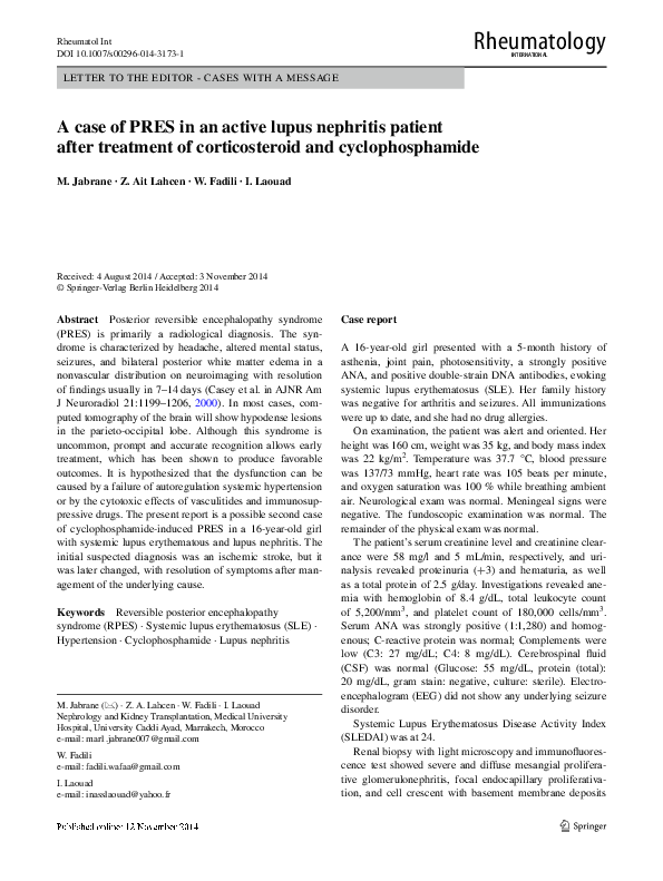 (PDF) A case of PRES in an active lupus nephritis patient after ...