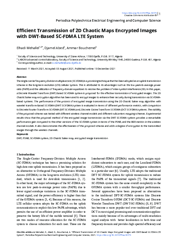 (PDF) Efficient Transmission of 2D Chaotic Maps Encrypted Images with DWT-Based SC-FDMA LTE System