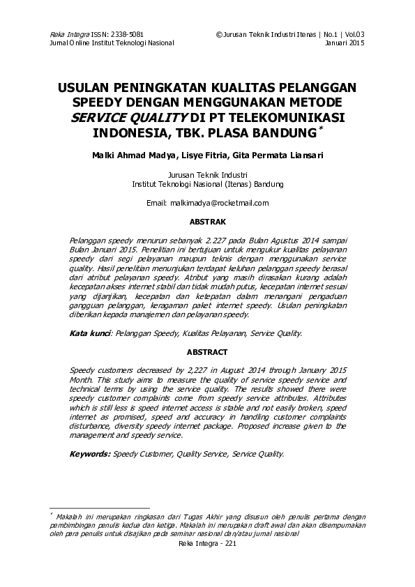 (PDF) Usulan Peningkatan Kualitas Pelanggan Speedy Dengan Menggunakan Metode Service Quality DI ...