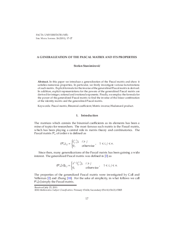 (PDF) A generalization of the Pascal matrix and its properties