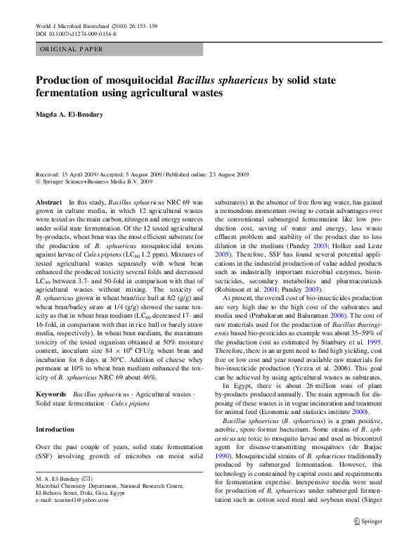 (PDF) Production of mosquitocidal Bacillus sphaericus by solid state ...