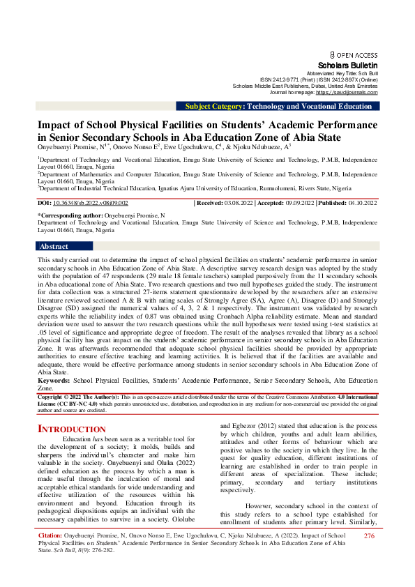 (PDF) Impact of School Physical Facilities on Students’ Academic Performance in Senior Secondary ...