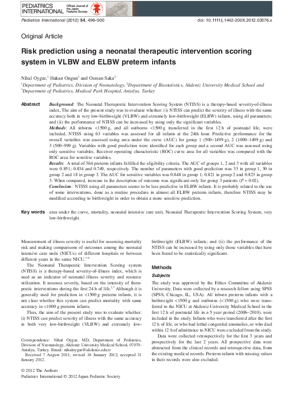 (PDF) Risk prediction using a neonatal therapeutic intervention scoring ...