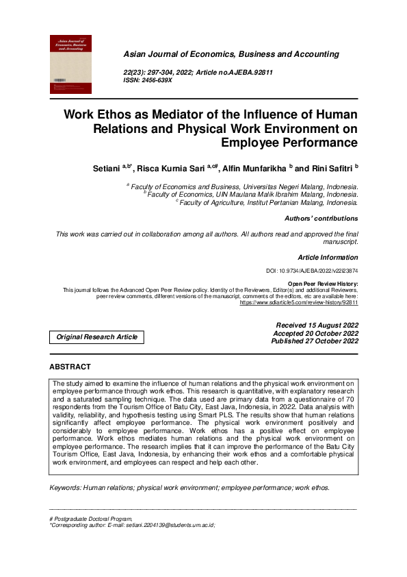 (PDF) Work Ethos as Mediator of the Influence of Human Relations and Physical Work Environment ...