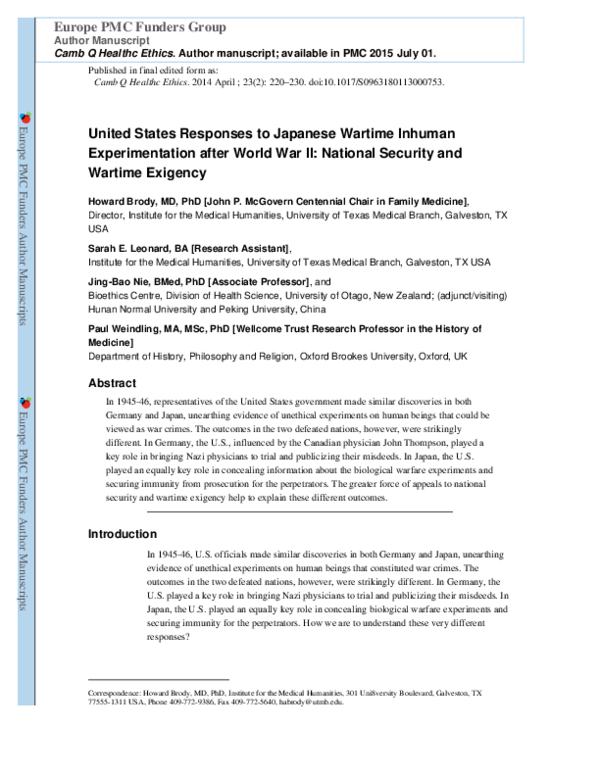 (PDF) U.S. Responses to Japanese Wartime Inhuman Experimentation after ...