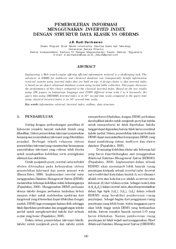 (PDF) Pemerolehan Informasi Menggunakan Inverted Index Dengan Struktur Data Klasik vs Ordbms