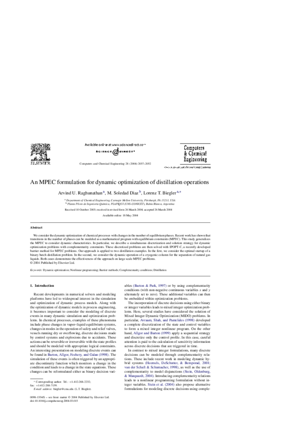(PDF) An MPEC formulation for dynamic optimization of distillation operations