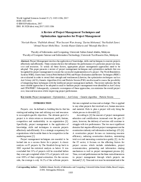 (PDF) A Review of Project Management Techniques and Optimization ...
