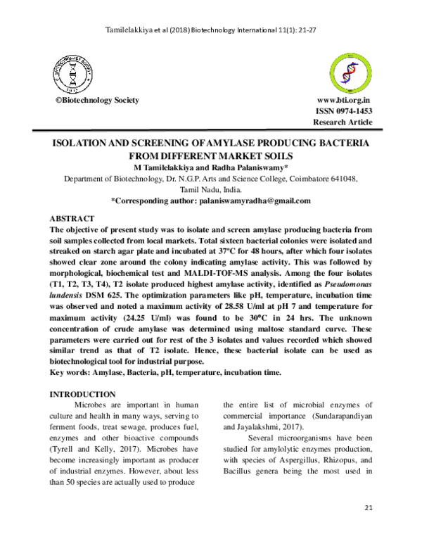 (PDF) Isolation and screening of amylase producing bacterial strains from cafeteria waste