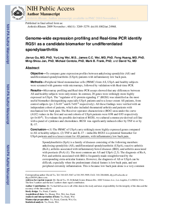 (PDF) Identification of RGS1 as a candidate biomarker for ...