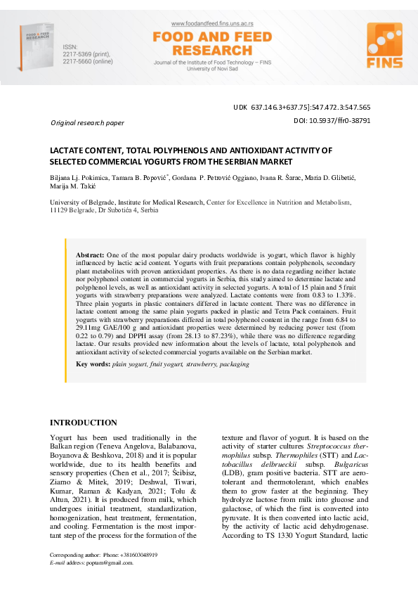 (PDF) Lactate content, total polyphenols and antioxidant activity of selected commercial yogurts ...