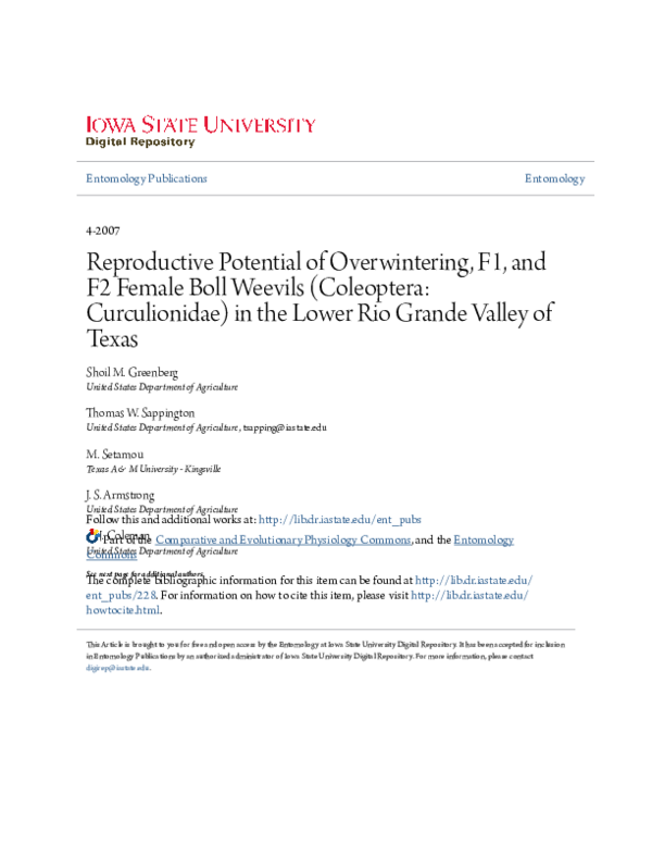 (PDF) Reproductive Potential of Overwintering, F 1 , and F 2 Female ...