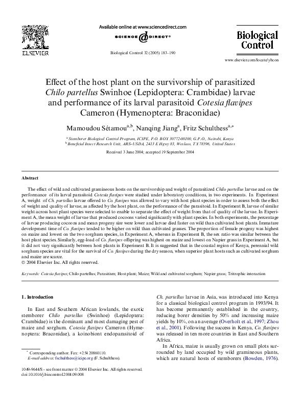 (PDF) Effect of the host plant on the survivorship of parasitized Chilo ...