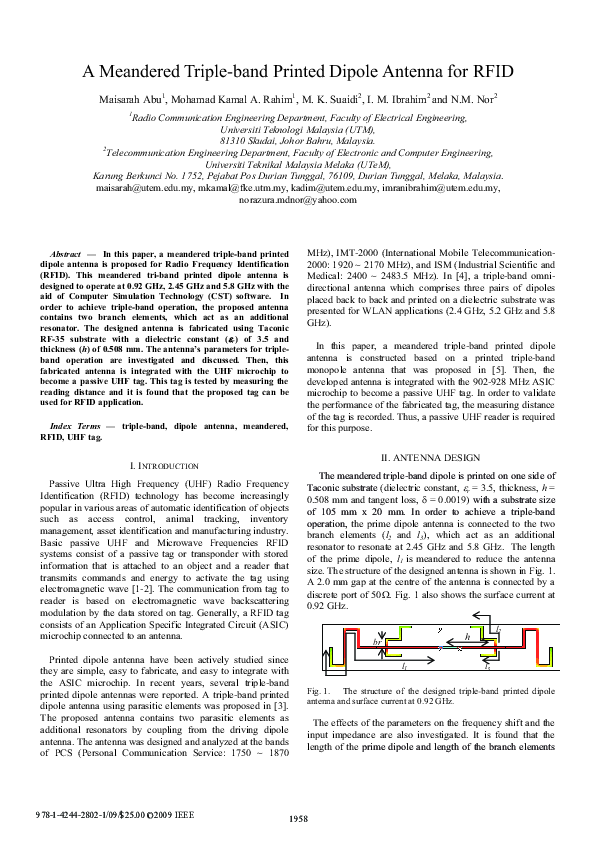 (PDF) A meandered triple-band printed dipole antenna for RFID