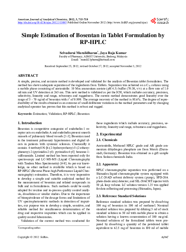 (PDF) Simple Estimation of Bosentan in Tablet Formulation by RP-HPLC