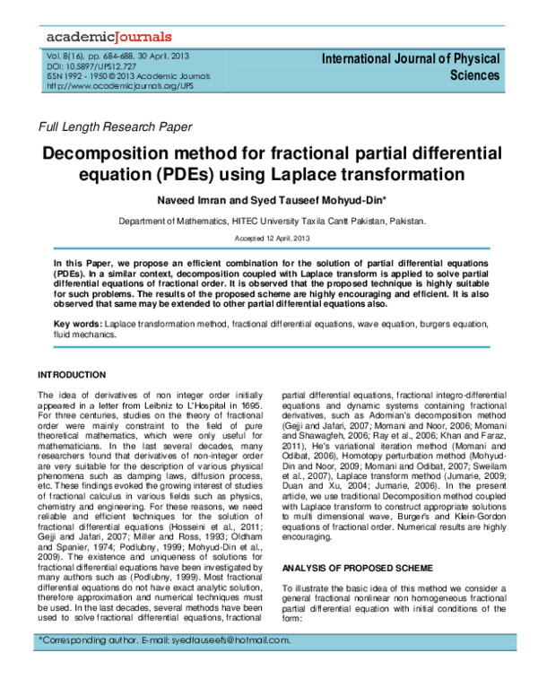 Pdf Decomposition Method For Fractional Partial Differential Equation Pdes Using Laplace