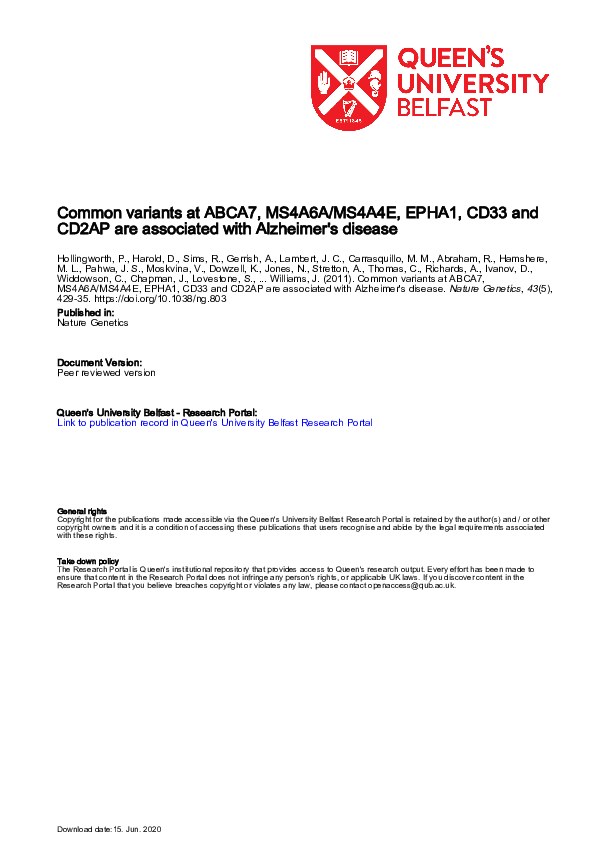 (PDF) Common variants at ABCA7, MS4A6A/MS4A4E, EPHA1, CD33 and CD2AP ...