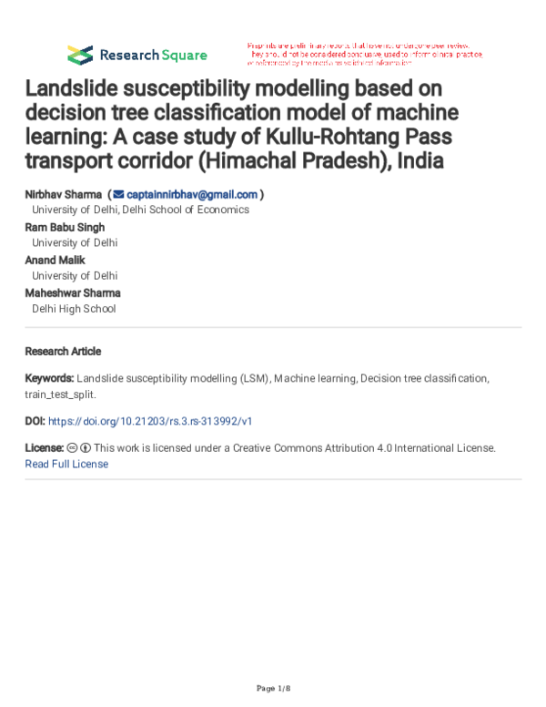 (PDF) Landslide susceptibility modelling based on decision tree classification model of machine ...