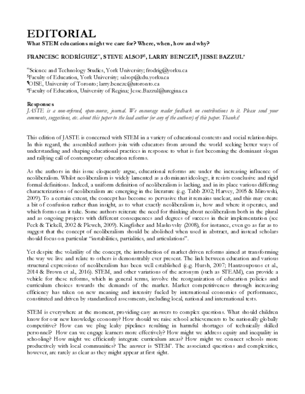 (PDF) EDITORIAL What STEM educations might we care for? Where, when ...