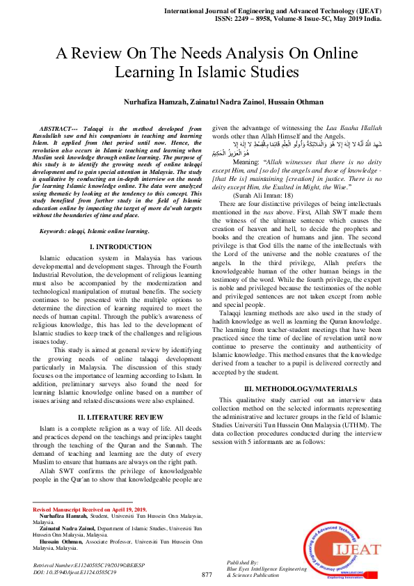 (PDF) A Review On The Needs Analysis On Online Learning In Islamic Studies
