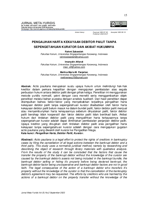 (PDF) Pengalihan Harta Kekayaan Debitor Pailit Tanpa Sepengetahuan ...