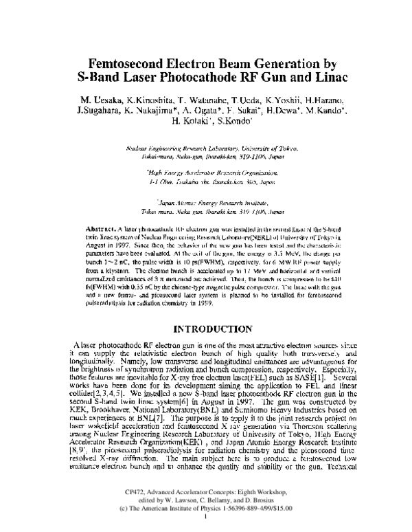 (PDF) Femtosecond electron beam generation by S-band laser photocathode RF gun and linac