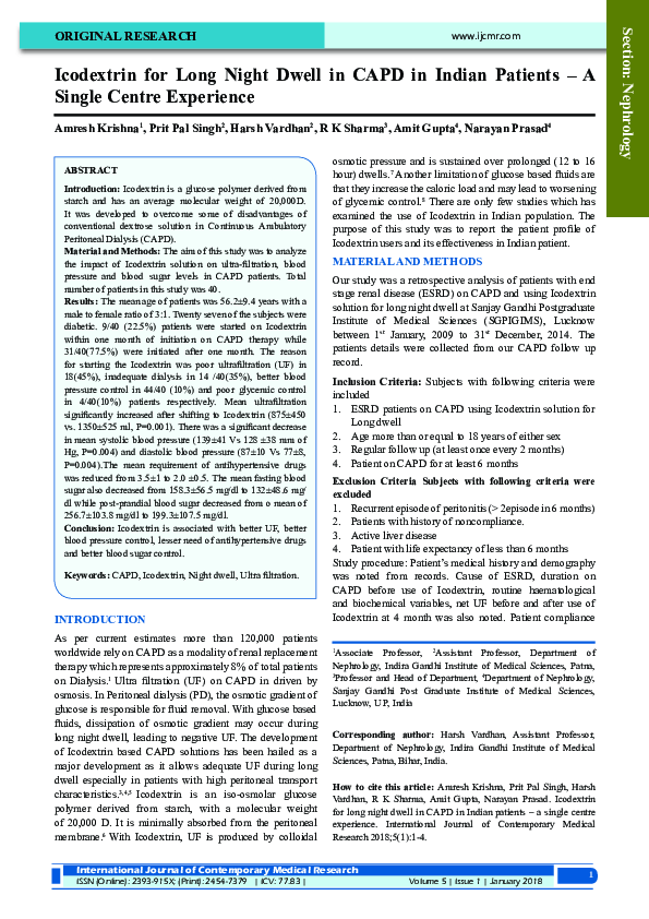 (PDF) Icodextrin for Long Night Dwell in CAPD in Indian Patients – A ...