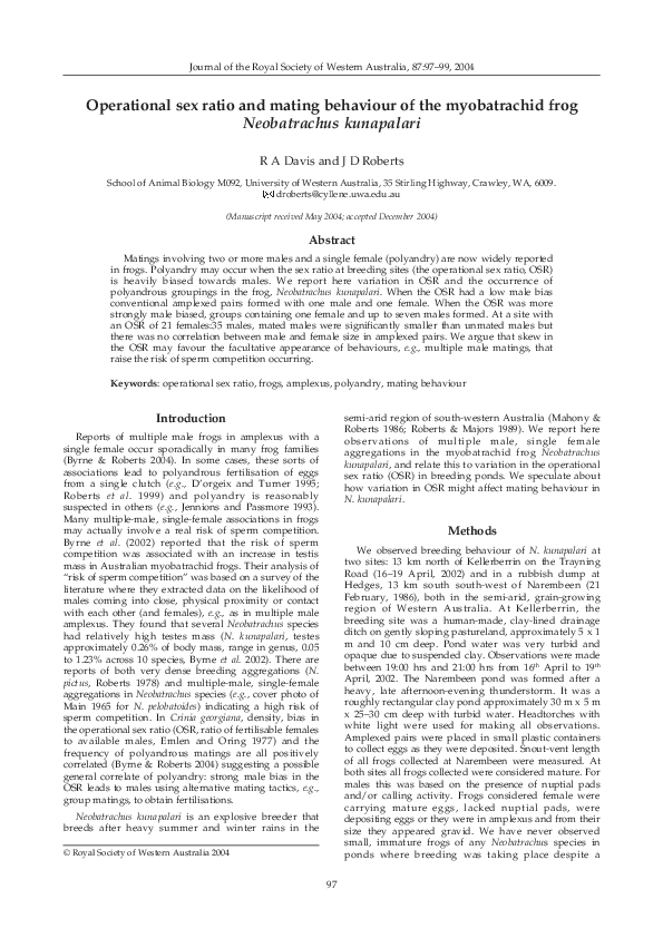 Pdf Operational Sex Ratio And Mating Behaviour Of The Myobatrachid Frog Neobatrachus Kunapalari