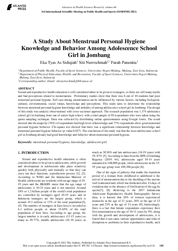 (PDF) A Study About Menstrual Personal Hygiene Knowledge and Behavior ...