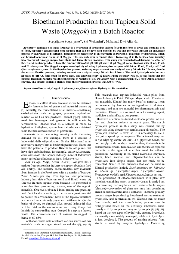 (PDF) Bioethanol Production From Tapioca Solid Waste In A Batch Reactor